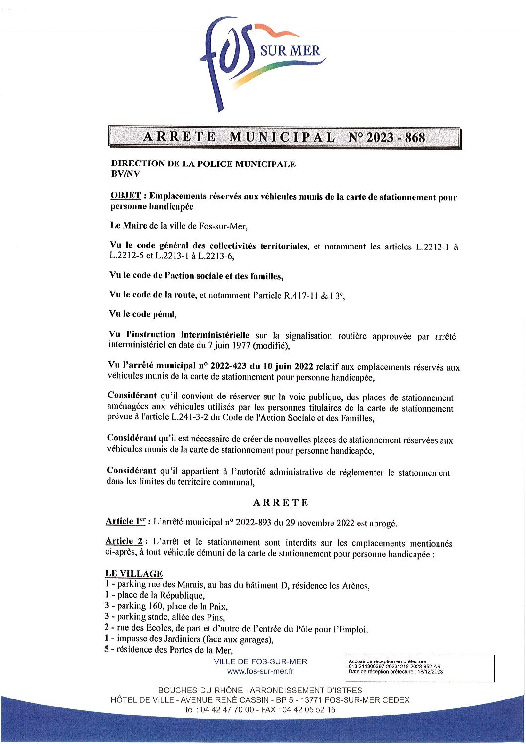 19/12 – Emplacement réservés aux véhicules munis de la carte de ...